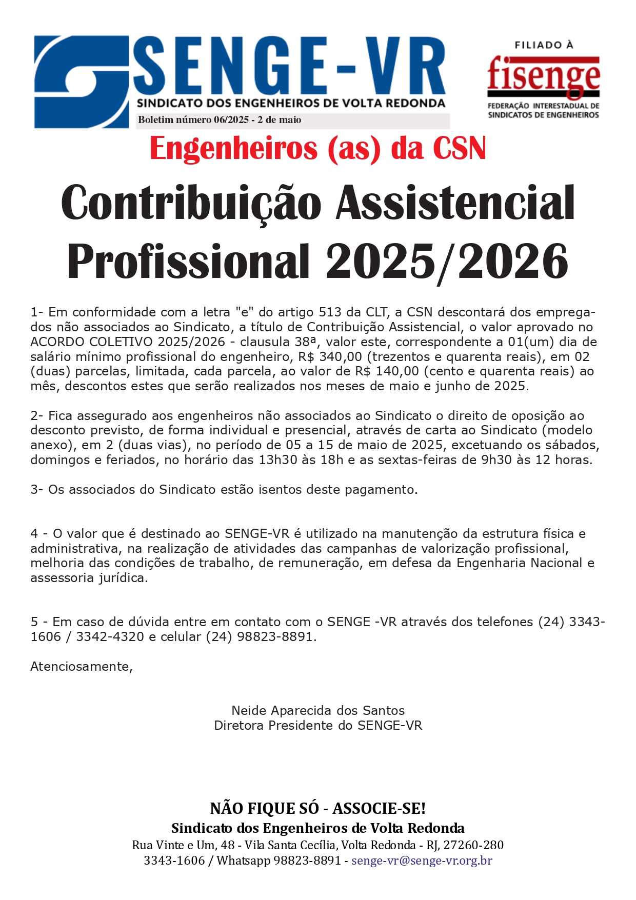 Boletim SENGE VR Informa n° 06/2025 – ACT CSN 2025/2026 – Contribuição ...